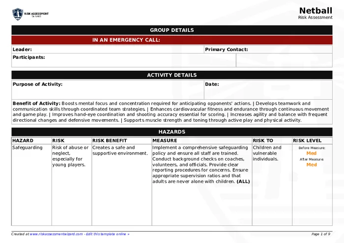 Netball Risk Assessment | Risk Assessment Wizard