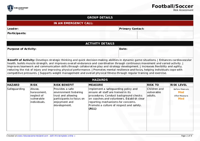 Football/Soccer Risk Assessment | Risk Assessment Wizard