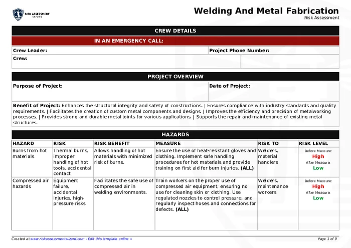 Welding and Metal Fabrication Risk Assessment | Risk Assessment Wizard