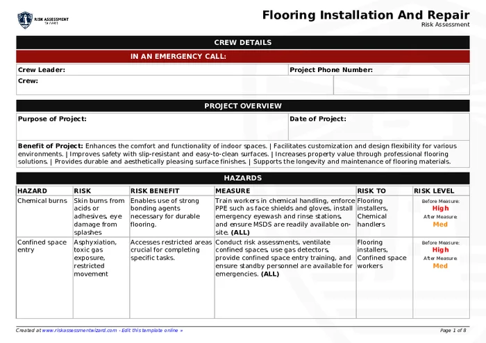 Flooring Installation and Repair Risk Assessment | Risk Assessment Wizard