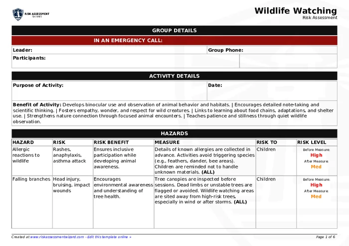 Wildlife Watching Risk Assessment | Risk Assessment Wizard