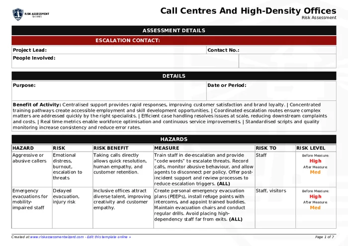 Call Centres and High-Density Offices Risk Assessment | Risk Assessment ...