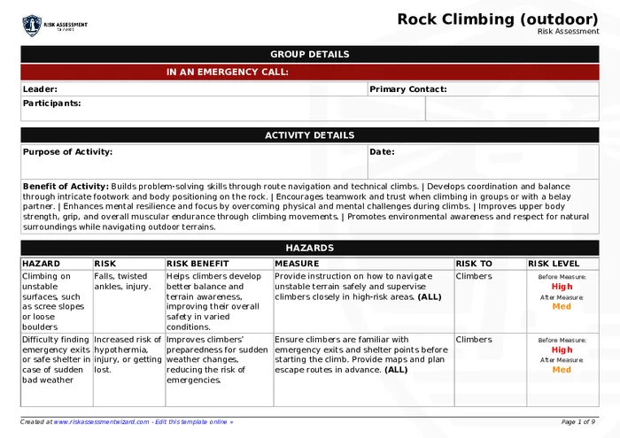 Rock Climbing (outdoor) Risk Assessment | Risk Assessment Wizard