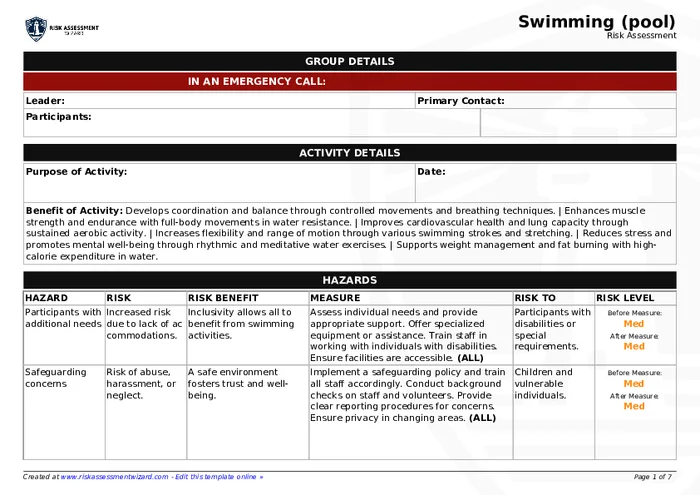 Swimming (pool) Risk Assessment | Risk Assessment Wizard